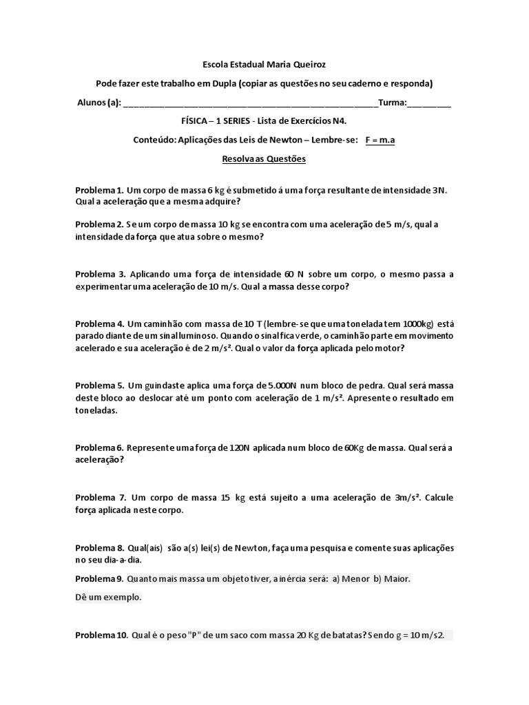 Exercícios de Física: Leis de Newton | PDF | Métodos e Materiais de ...
