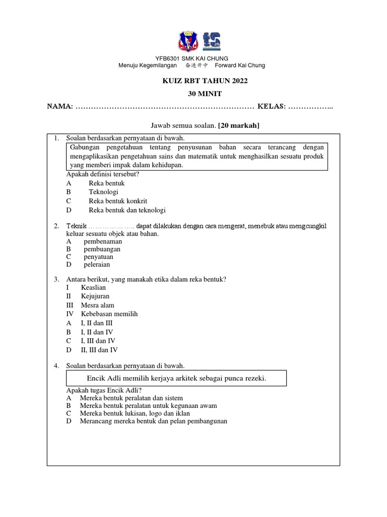 Kuiz RBT SMK Kai Chung 2022 | PDF | Seni