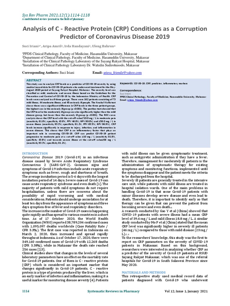 Analysis of C - Reactive Protein (CRP) Conditions As A Corruption Predictor of Coronavirus ...