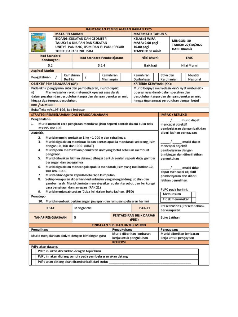 RPH Matematik Tahun 5 Wira | PDF