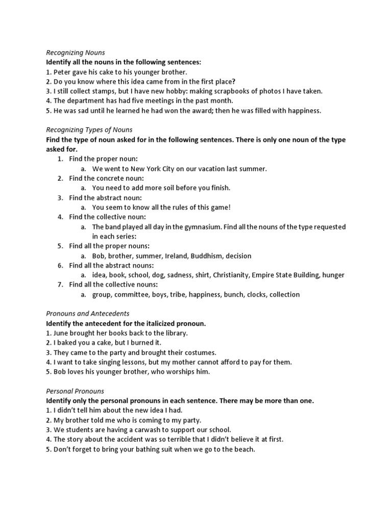 Nouns and Pronouns Worksheet | PDF | Pronoun | Sentence (Linguistics)