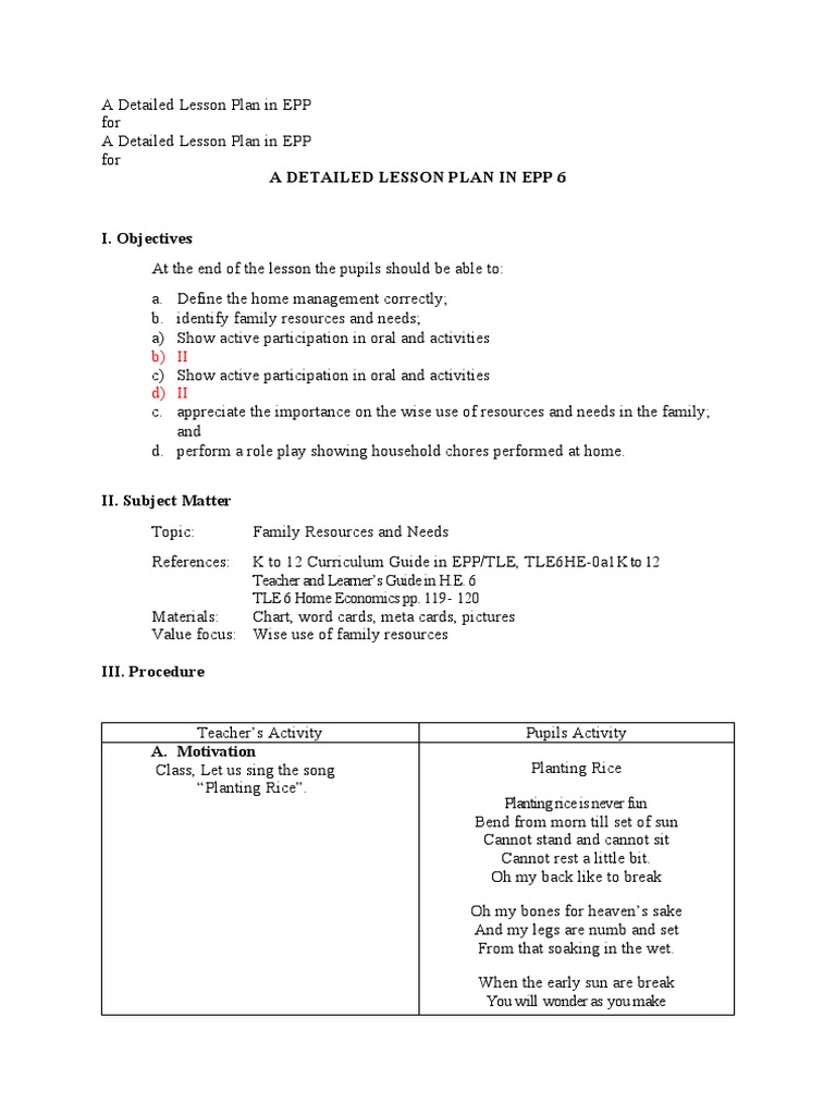 A Detailed Lesson Plan in EPP | PDF | Lesson Plan | Cognitive Science