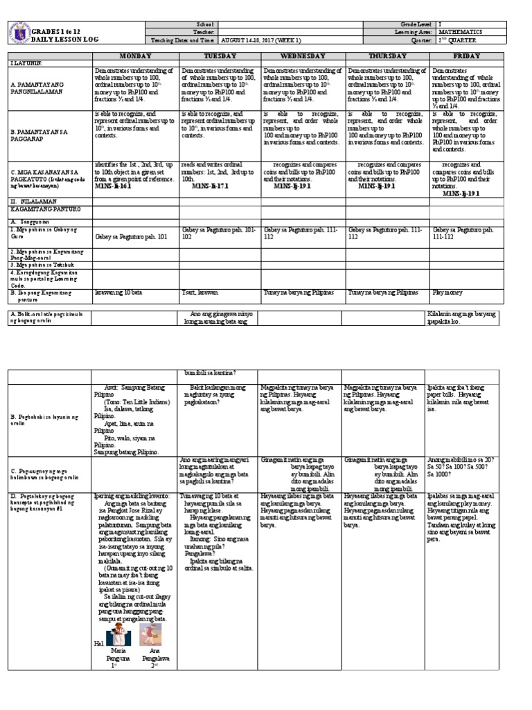 DLL Grade 1 Math Q2 Week 1 | PDF | Mathematics | Lexicology