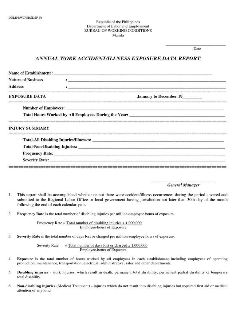 Annual Work Accidentillness Exposure Data Report Blank | PDF ...