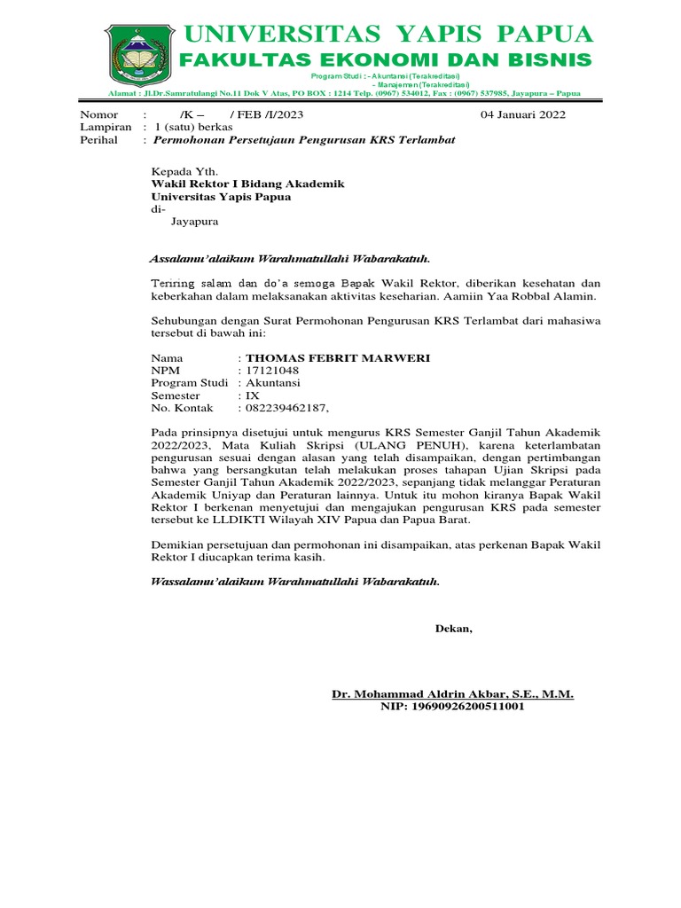 Surat Ke Warek I-Permohonan Persetujuan Urus KRS Terlambat | PDF