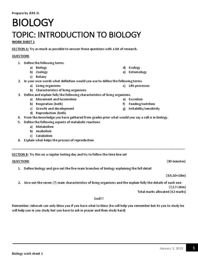 BIOLOGY Work Sheet 1 | PDF | Biology | Life Sciences