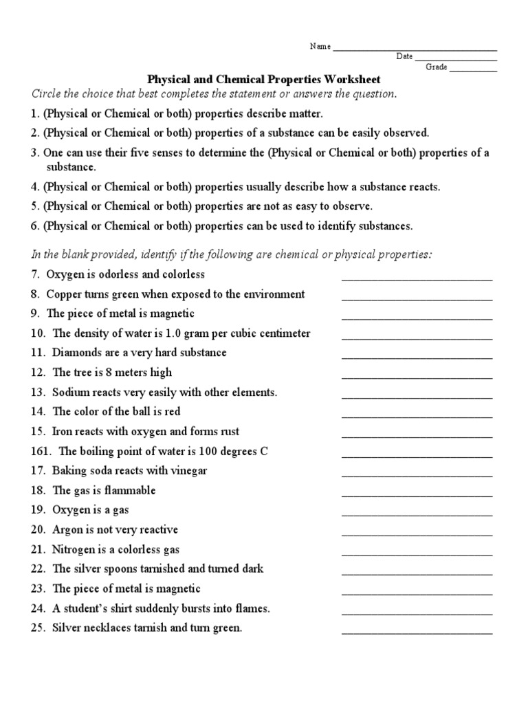 Physical and Chemical Properties-Worksheet | PDF | Chemical Substances ...