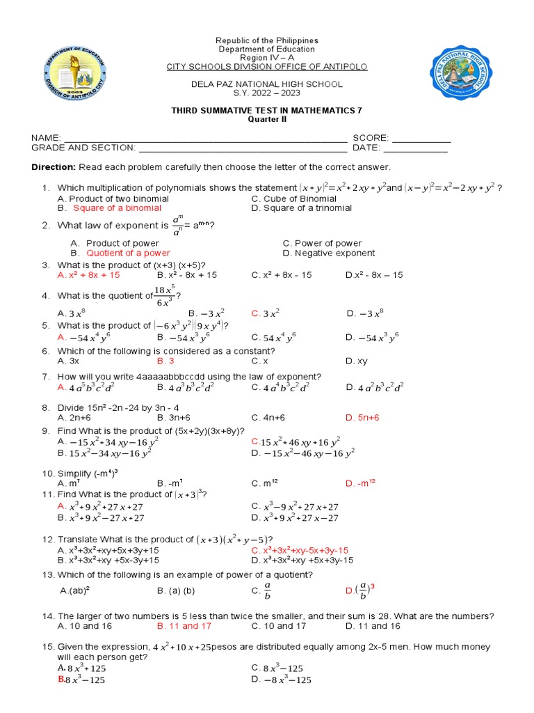 Q2 G7 Summative3 Test MAth | PDF | Elementary Mathematics ...