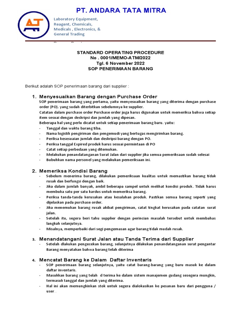 SOP Penerimaan Barang PT ATM | PDF
