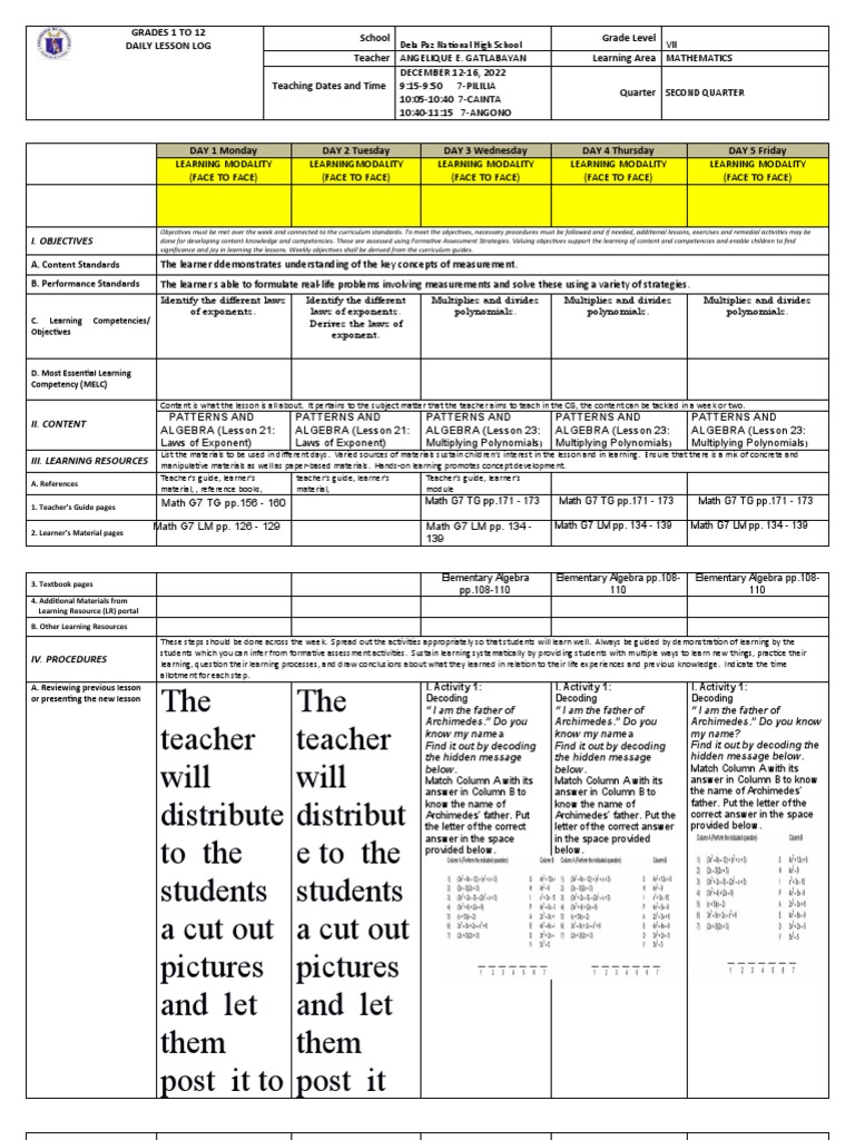 Q2 Week 5 Lesson G7 DLL | PDF | Learning | Mathematics