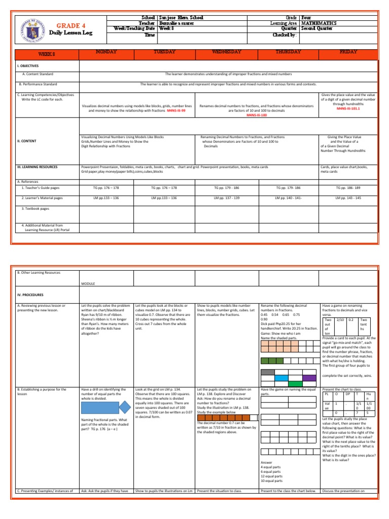 Grade 4 Math DLL Week 8 Q2 | PDF | Numbers | Decimal