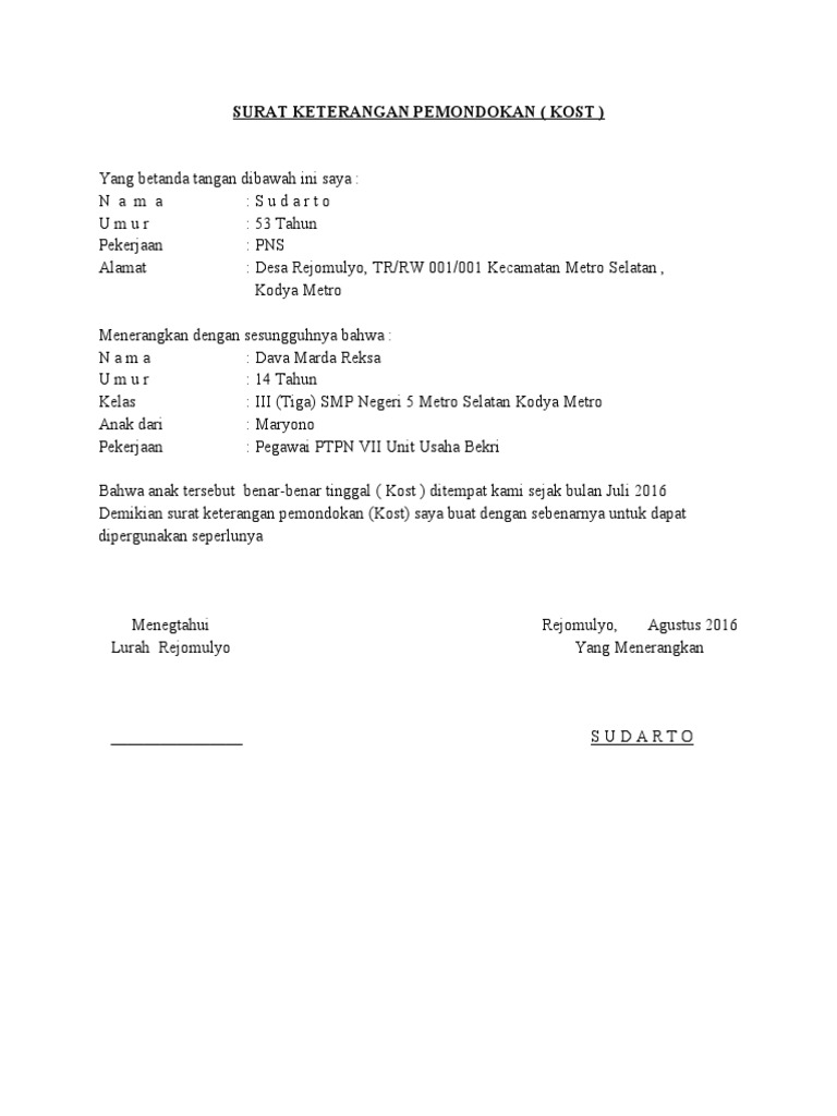 Surat Keterangan Pemondokan | PDF Surat Keterangan Pemondokan | PDF