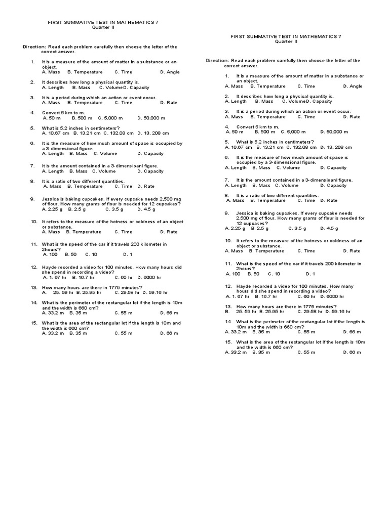 First Summative Test in Mathematics 7-Q2 | PDF | Volume | Measurement