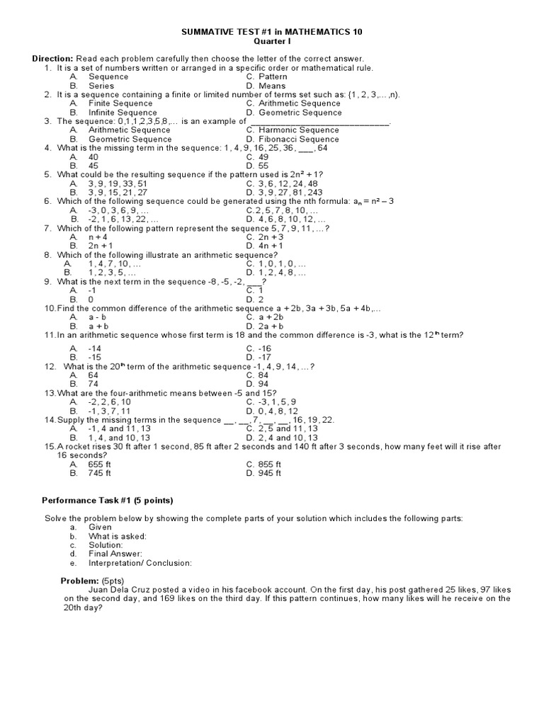 G10 Q1 Summative Test Week 1-2 | PDF | Sequence | Elementary Mathematics