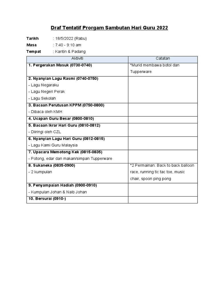 Tentatif Prorgam Sambutan Hari Guru 2022 | PDF