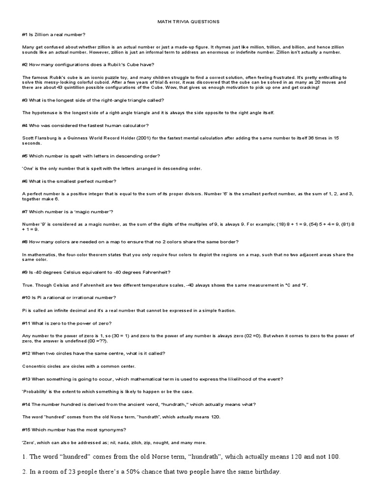 Math Trivia Questions | PDF | Numbers | Fahrenheit