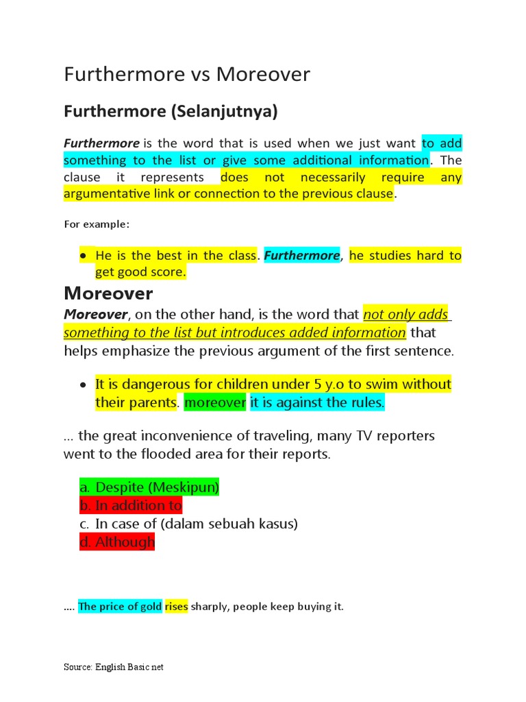 Furthermore Vs Moreover | PDF