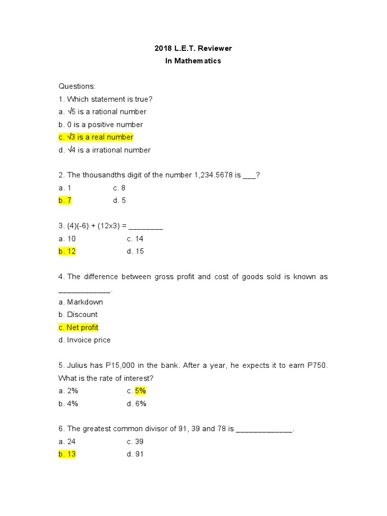 Review Questionnaire in Gen Ed (Math) - 2018with AK | PDF | Expense ...