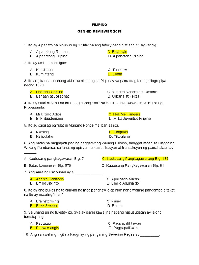Review Questionnaire in Gen Ed ( - Filipino - ) - 2018.with AK | PDF