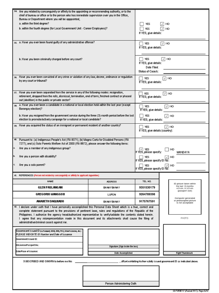 A Concise Personal Data Sheet for a Government Employment Application ...