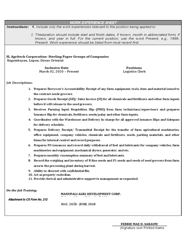Work Experience Sheet Updated 1 | PDF | Farms | Business