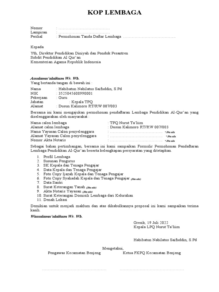Revisi Surat Permohonan Tanda Daftar LPQ | PDF