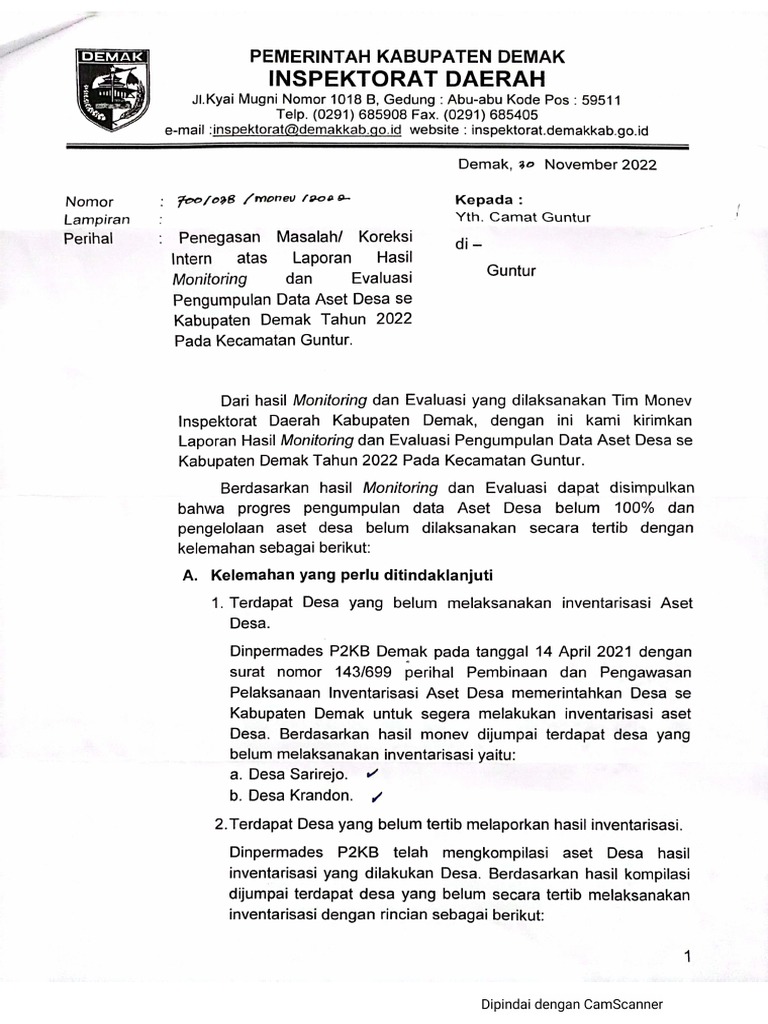 Penegasan Laporan Hasil Monev Inspektorat | PDF