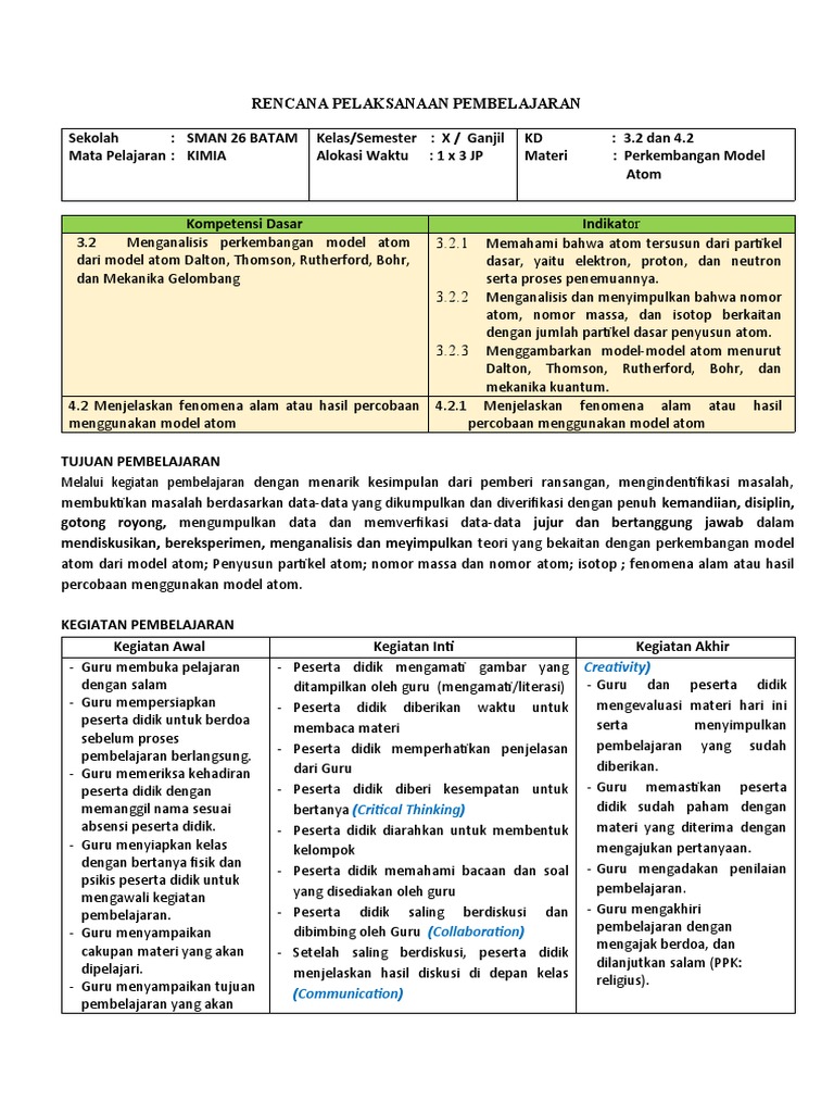RPP Perkembangan Model Atom | PDF