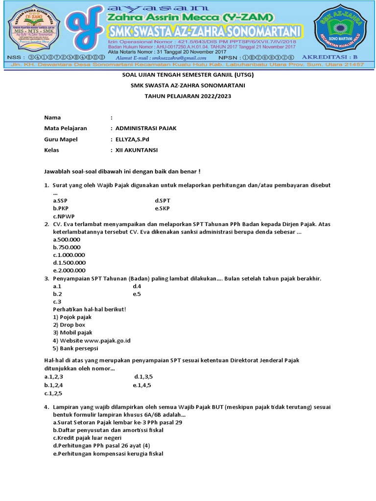 Soal Uts Administrasi Pajak 2022 Az Zahra Kls Xii Akuntansi | PDF