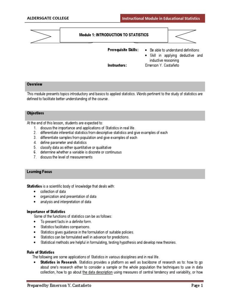 Module 1 Introduction To Statistics | PDF | Statistics | Level Of ...