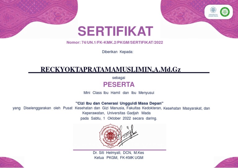 RECKY OKTA PRATAMA MUSLIMIN, A.Md. GZ - Sertifikat Mini Class Ibu Hamil Dan Menyusui 2022 | PDF