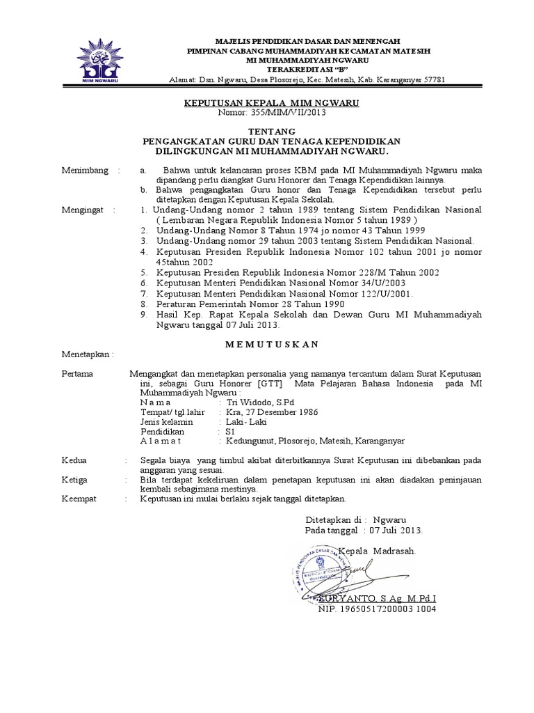 Pengangkatan Guru MI Ngwaru 2013 | PDF