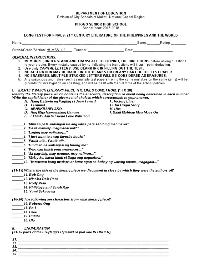 HUMSS 2ndT LIT 2nd Sem 2017-18 | PDF | Poetry