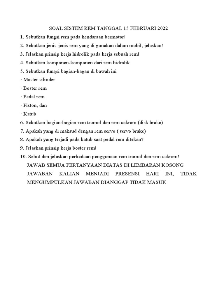 Soal Sistem Rem Tanggal 15 Februari 2022 | PDF | Komputer | Teknologi & Rekayasa