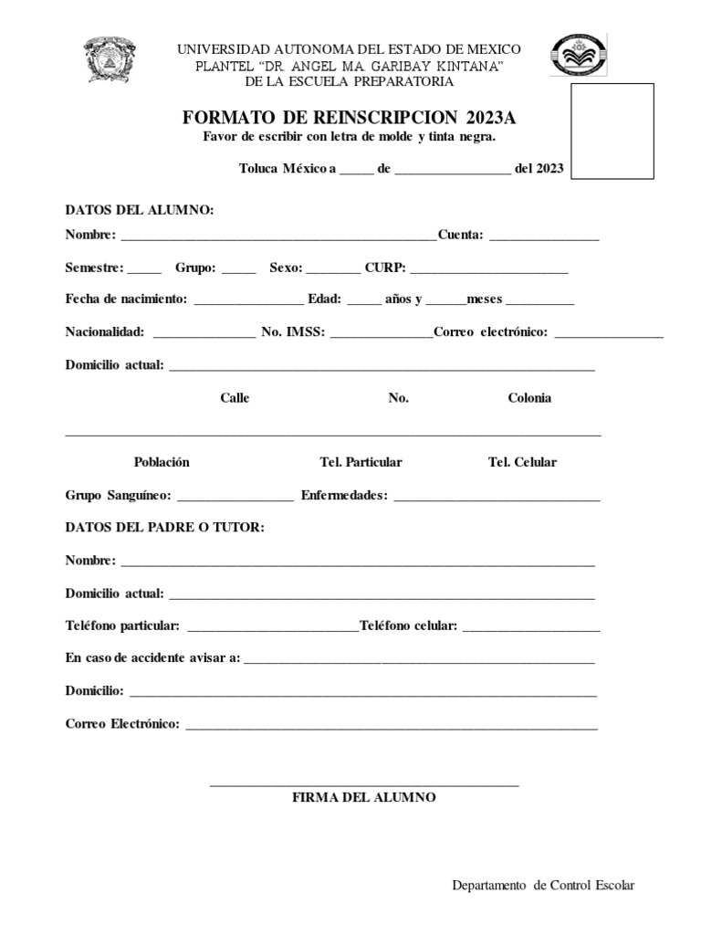 FORMATO DE REINSCRIPCIóN 2023A | PDF