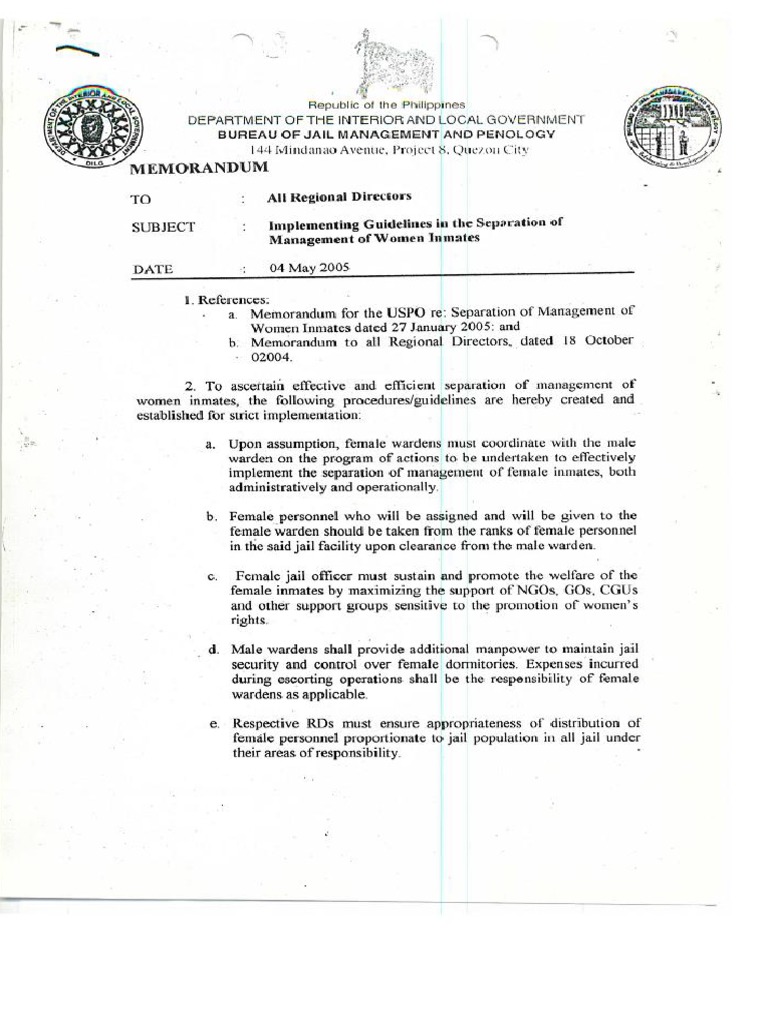 2005 P Implementing Guidelines in The Separation of Management of Women ...