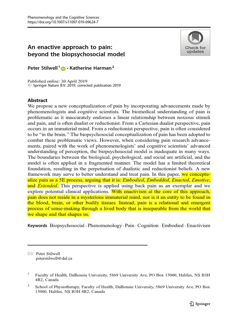 2019 - An Enactive Approach To Pain - Beyond The Biopsychosocial Model ...