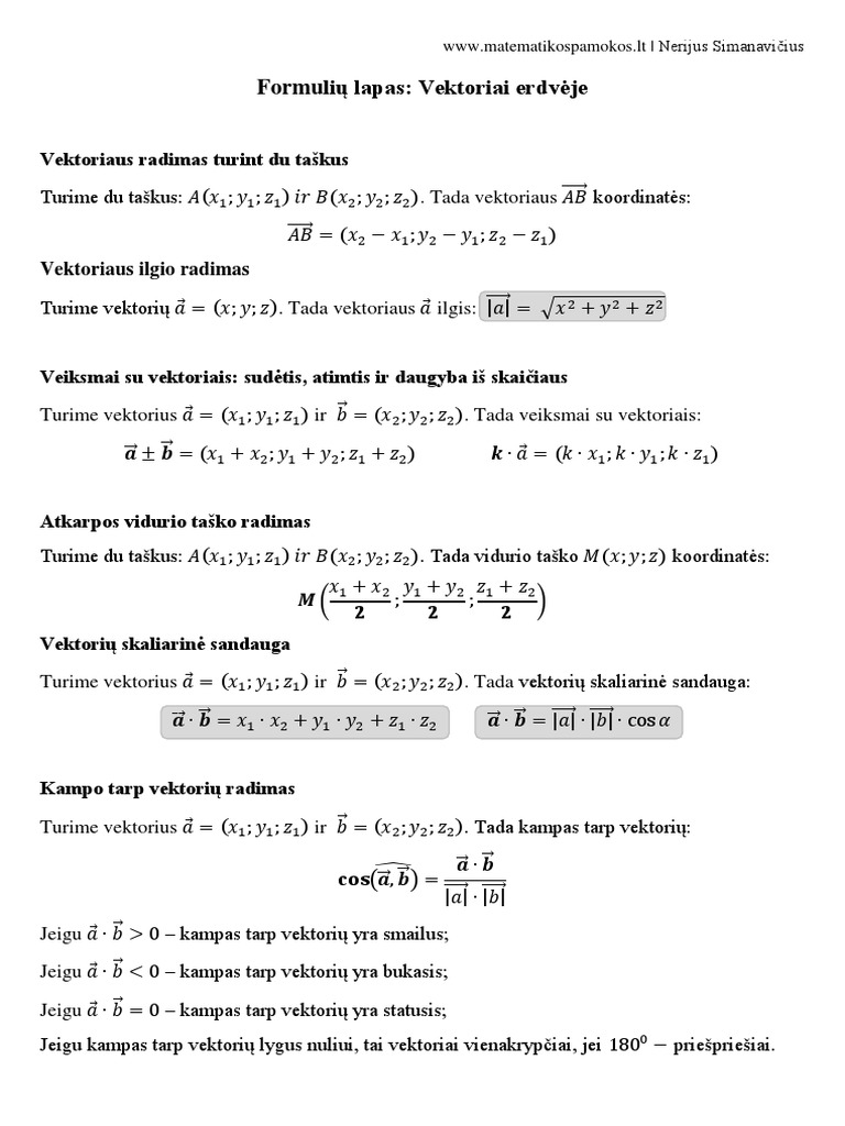 Formulių Lapas: Vektoriai Erdvėje | PDF