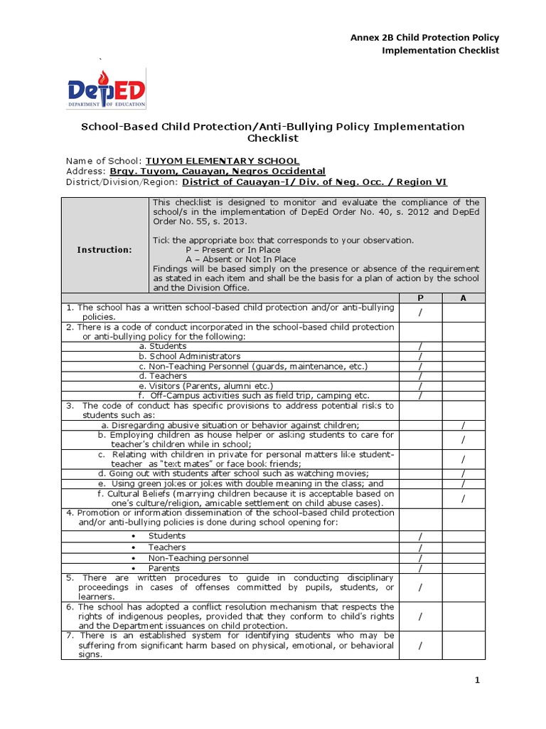 Annex 2B Child Protection Policy Implementation Checklist | PDF ...