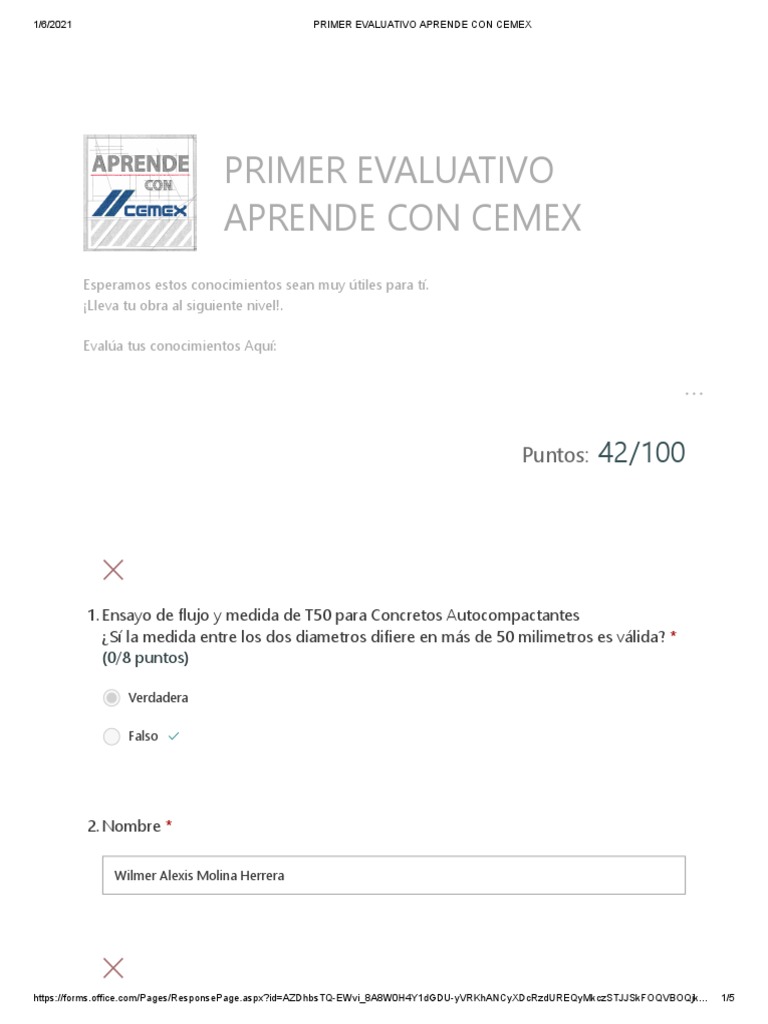 Primer Evaluativo Aprende Con Cemex | PDF