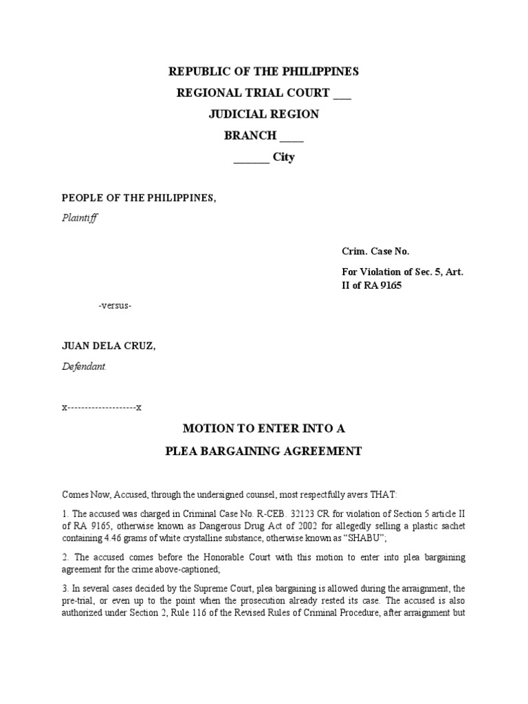 Motion To Avail of Plea Bargain | PDF | Plea | Plea Bargain
