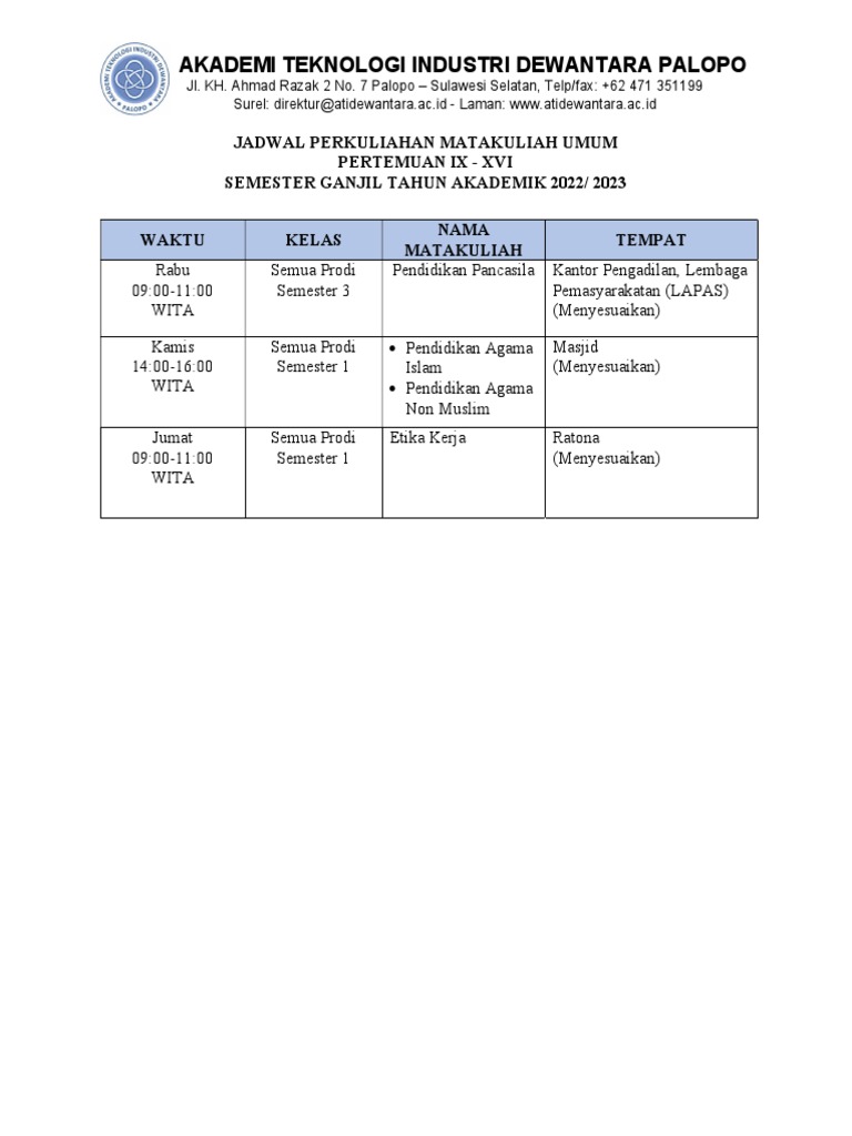 Jadwal Perkuliahan Umum | PDF