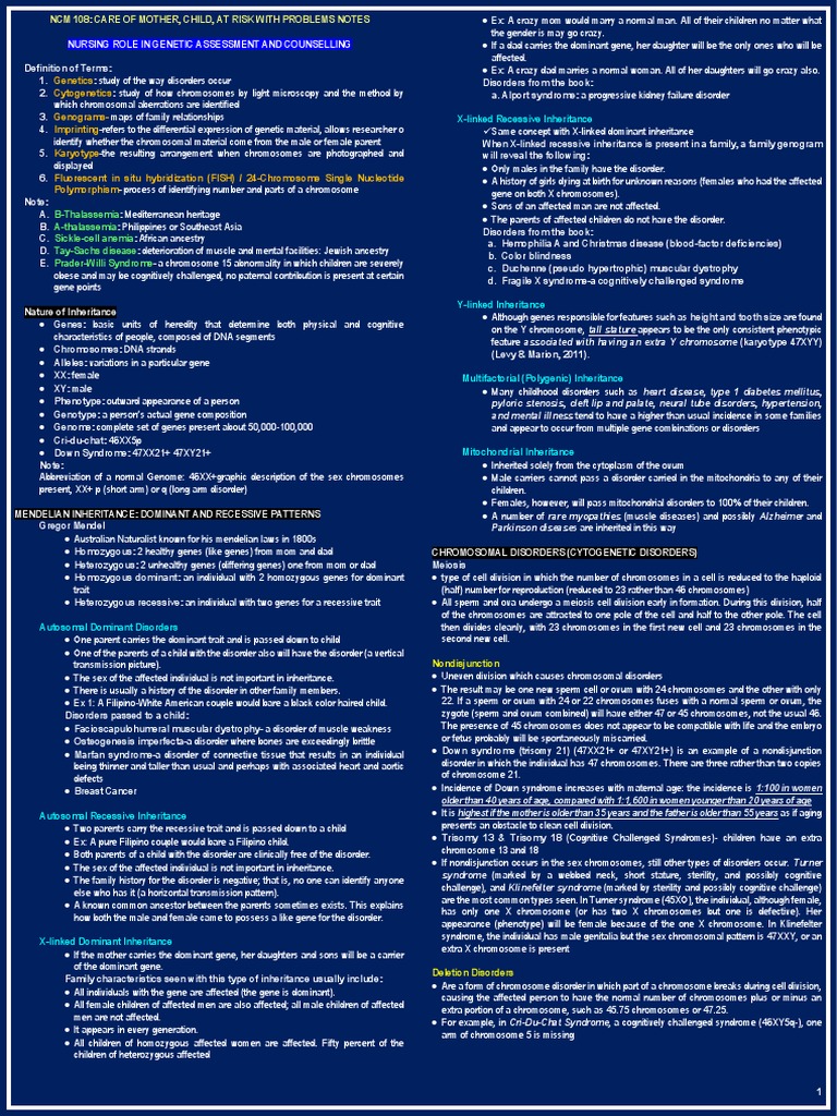 Care of Mother, Child, at Risk With Problems Notes | PDF | Genetic ...