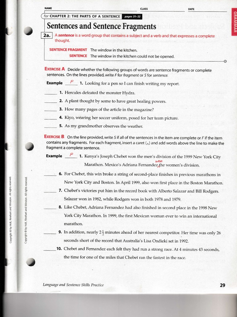 Grammar - Sentence and Sentence Fragments 2a | PDF | Human ...