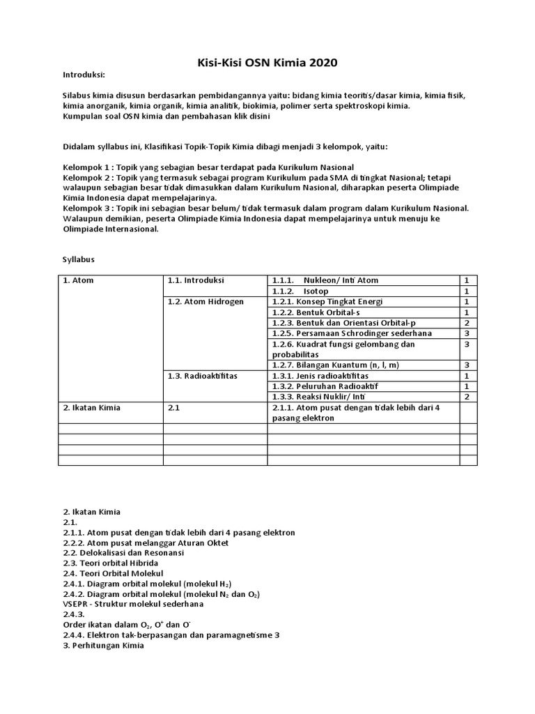 Kisi-Kisi OSN Kimia 2020 | PDF