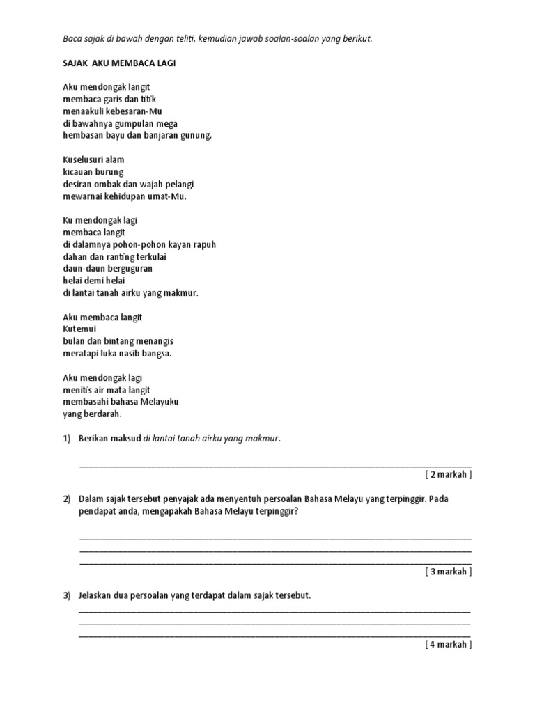 Latihan Pemahaman Sajak Aku Membaca Lagi | PDF