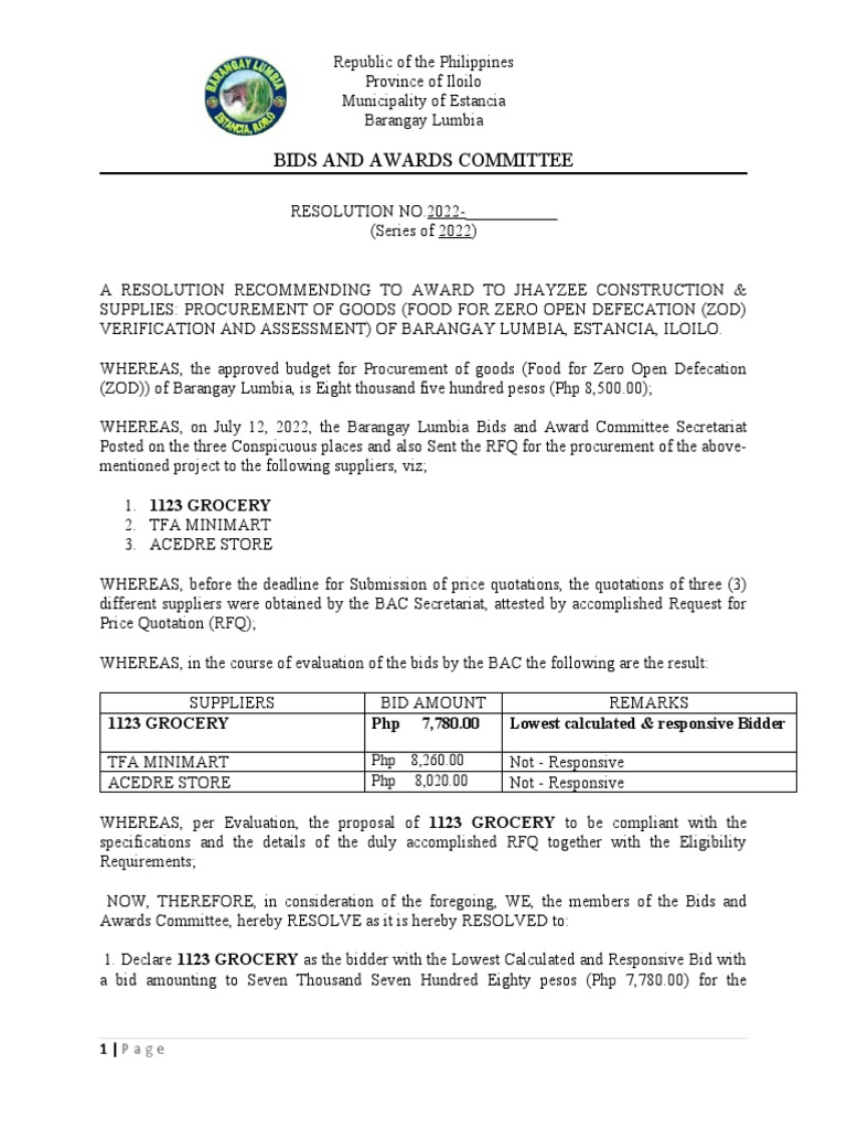 Barangay BAC Resolution for Awarding Bid | PDF | Procurement