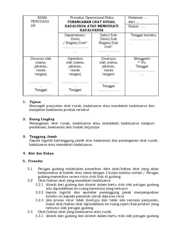Sop Penanganan Obat Rusak, Kadalursa Atau Mendekati Kadaluarsa | PDF