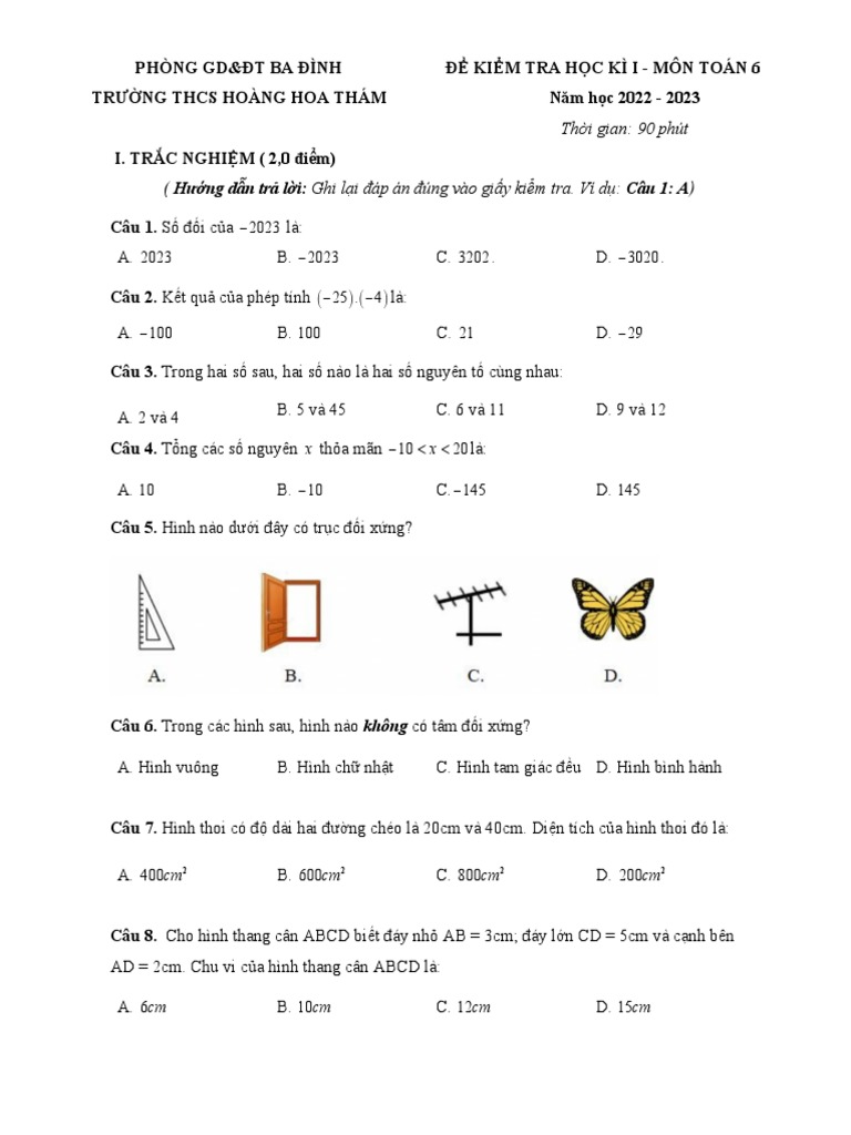 De Hoc Ki 1 Toan 6 Nam 2022 2023 Truong Thcs Hoang Hoa Tham Ha Noi | PDF