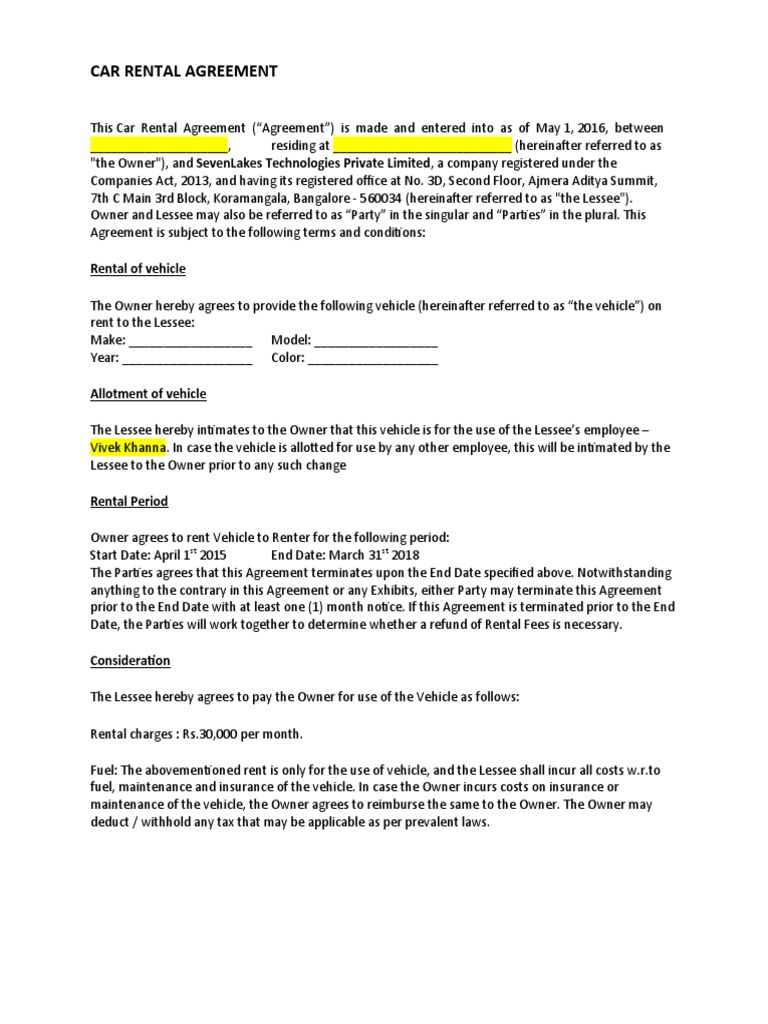 Car Rent Agreement Format | PDF | Lease | Insurance